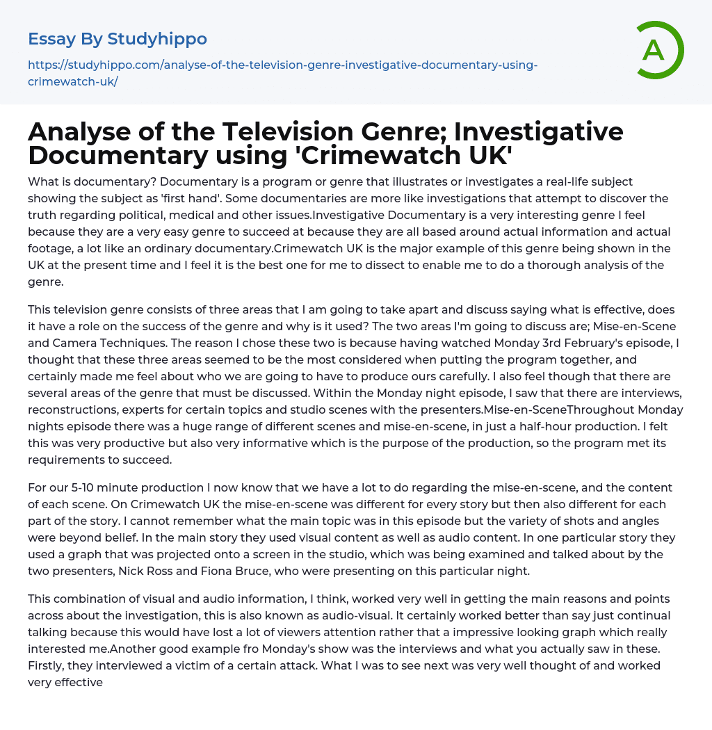 Analyse Of The Television Genre Investigative Documentary Using Analyse Of The Television Genre Investigative Documentary Using