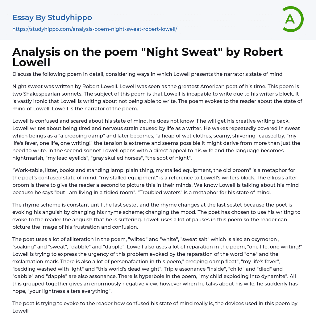 Analysis On The Poem Night Sweat By Robert Lowell Essay Example