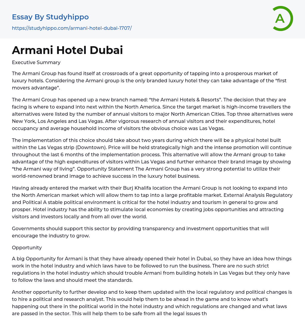 Armani Hotel Dubai Essay Example | StudyHippo.com