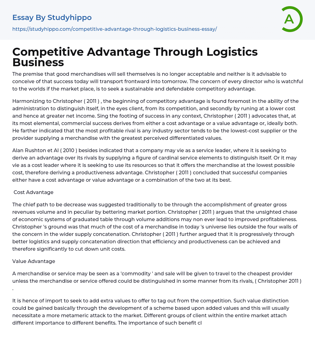 Competitive Advantage Through Logistics Business Essay Example | StudyHippo.com