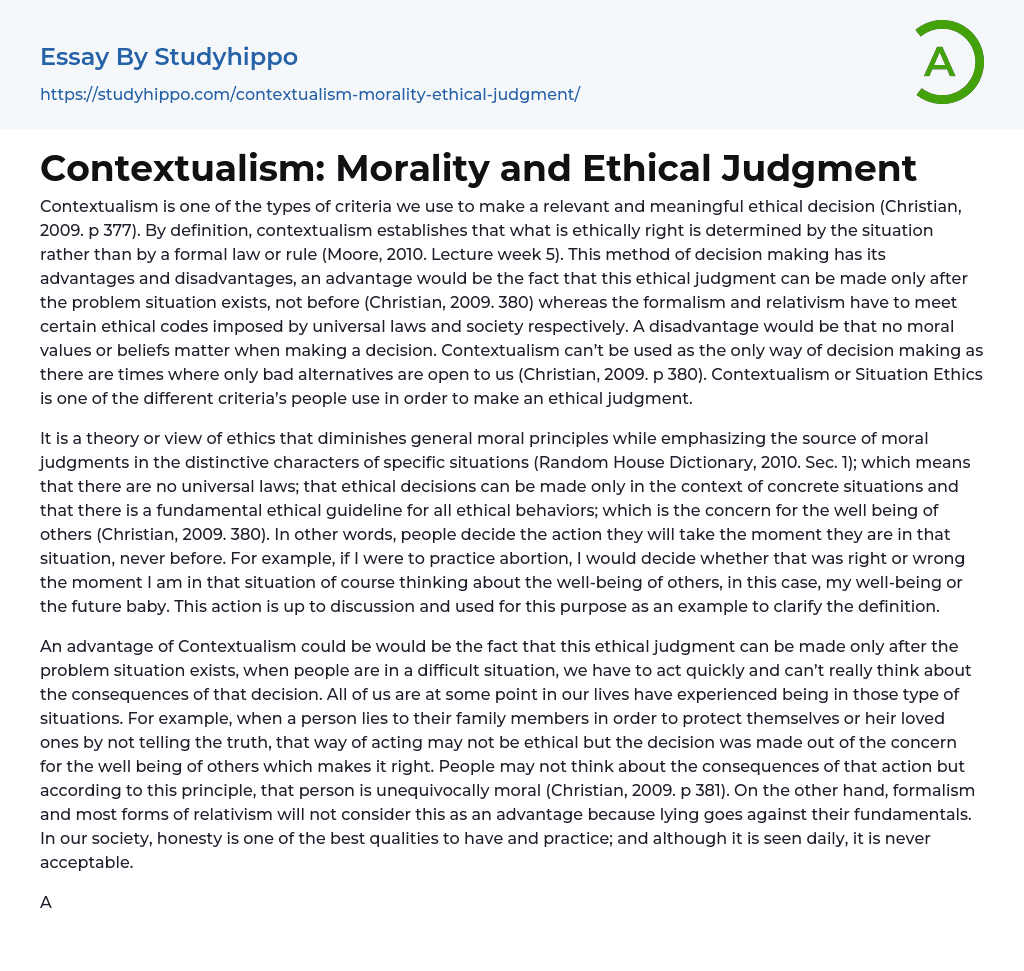 Contextualism Morality And Ethical Judgment Essay Example StudyHippo