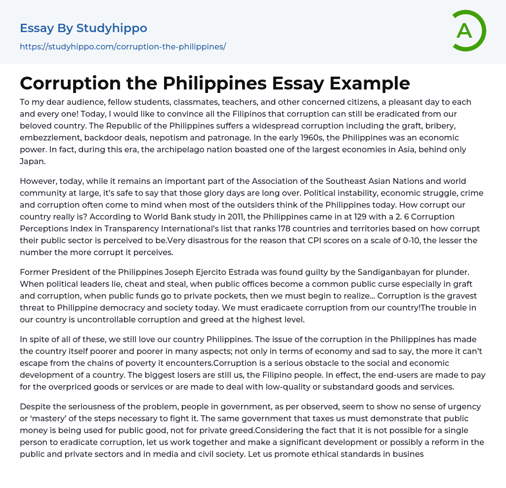 Corruption The Philippines Essay Example StudyHippo