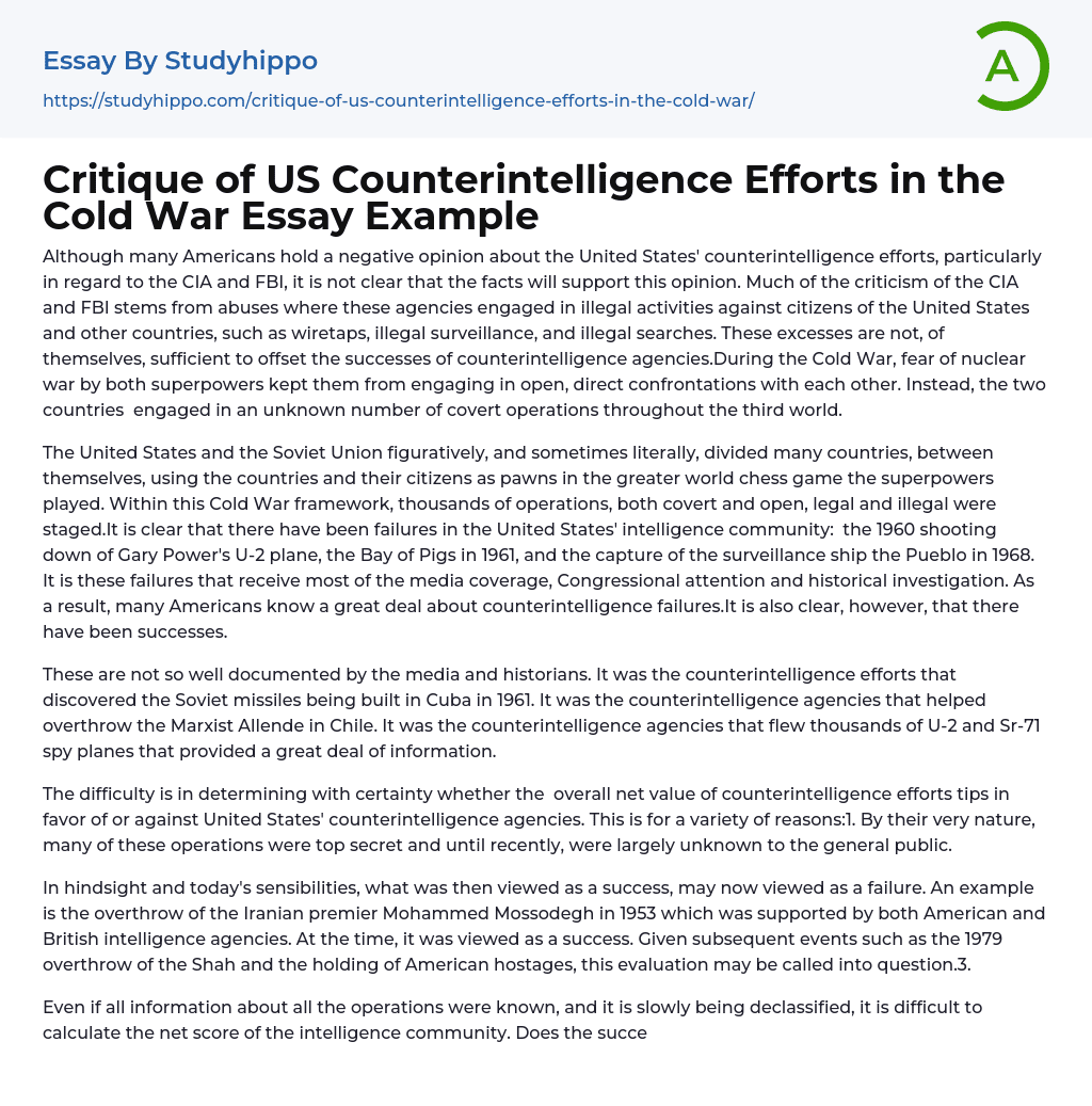 Critique Of US Counterintelligence Efforts In The Cold War Essay Critique Of US Counterintelligence Efforts In The Cold War Essay