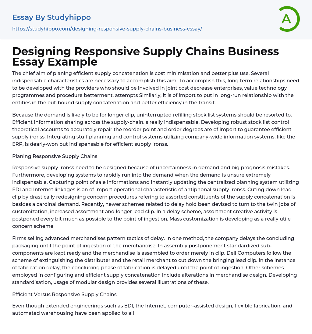 Designing Responsive Supply Chains Business Essay Example | StudyHippo.com