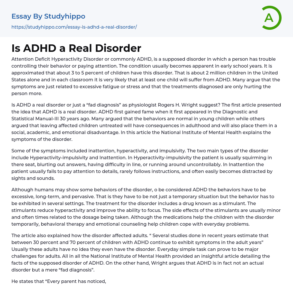 Is ADHD A Real Disorder Essay Example StudyHippo