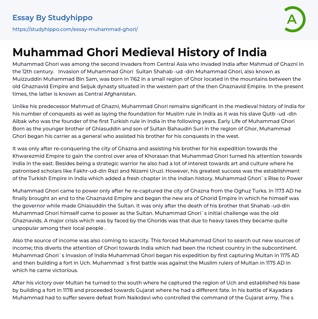 Muhammad Ghori Medieval History Of India Essay Example StudyHippo Muhammad Ghori Medieval History Of India Essay Example StudyHippo