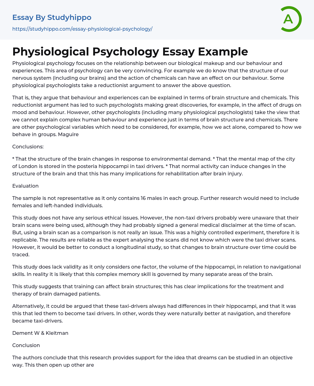Physiological Psychology Essay Example StudyHippo