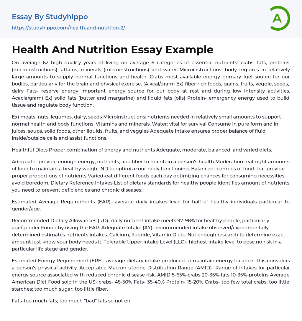Health And Nutrition Essay Example StudyHippo Health And Nutrition Essay Example StudyHippo
