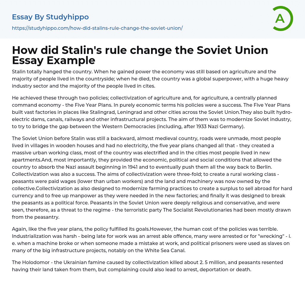 How Did Stalin s Rule Change The Soviet Union Essay Example