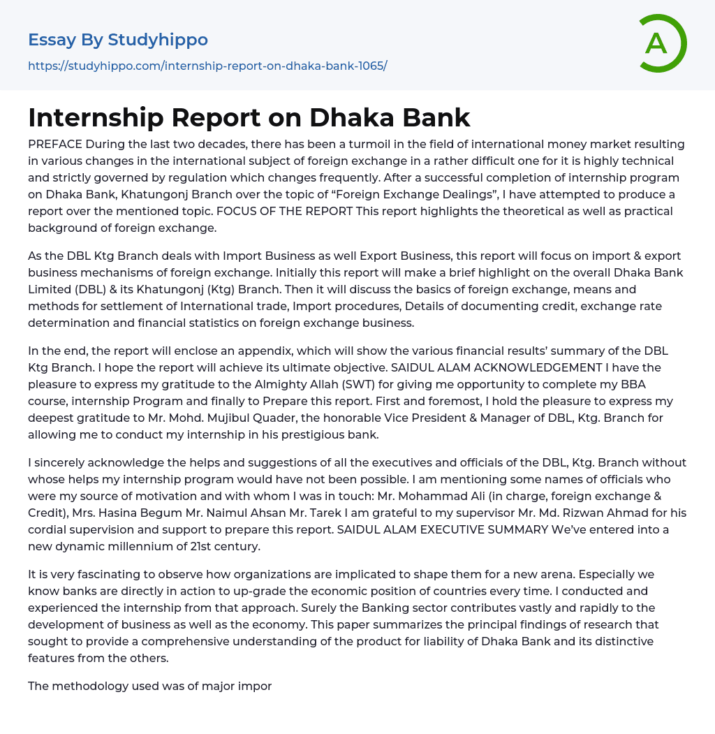 Internship Report on Dhaka Bank Essay Example | StudyHippo.com