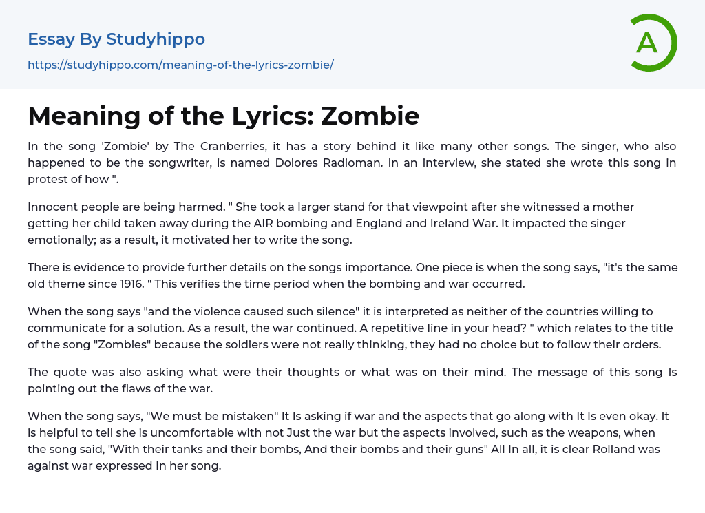 Meaning Of The Lyrics Zombie Essay Example StudyHippo