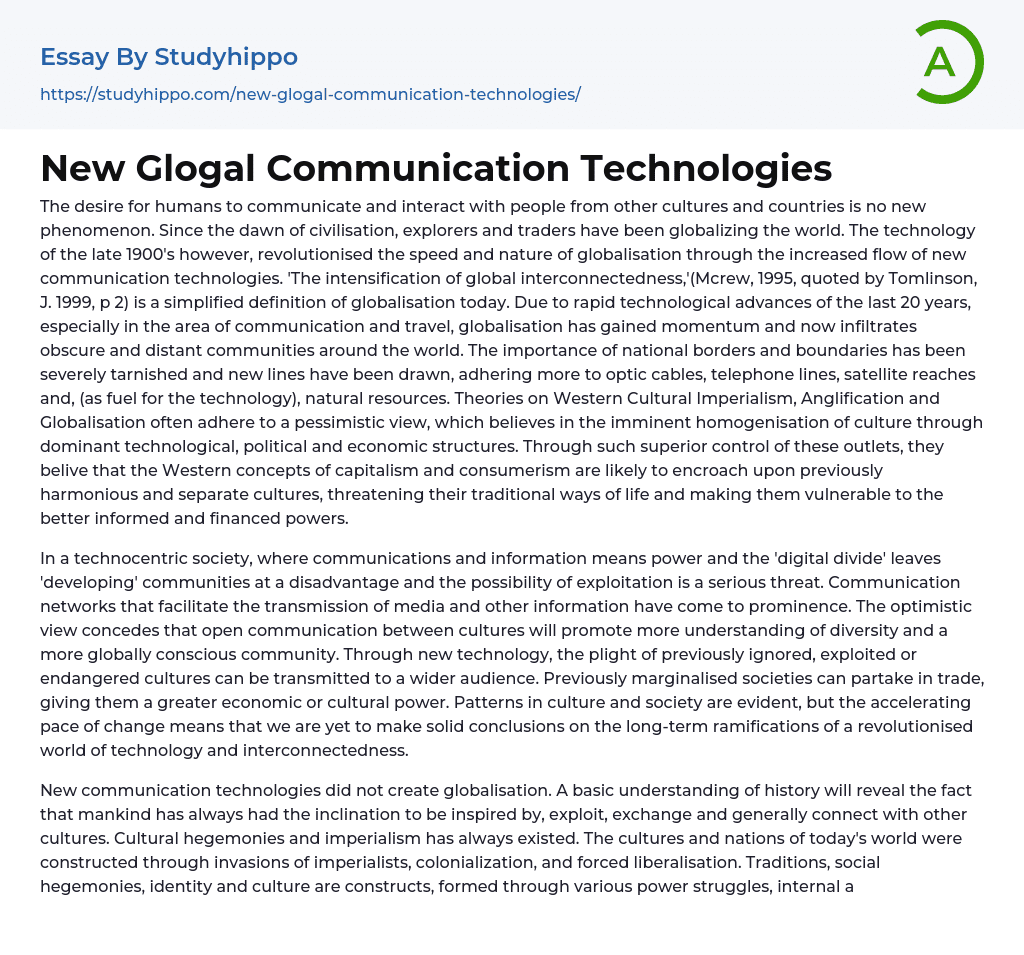 New Glogal Communication Technologies Essay Example | StudyHippo.com