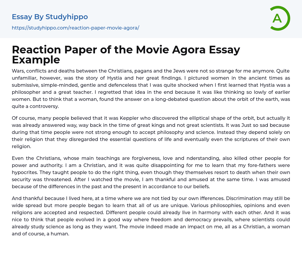 Reaction Paper Of The Movie Agora Essay Example StudyHippo