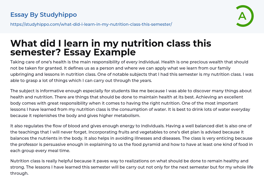 What Did I Learn In My Nutrition Class This Semester Essay Example What Did I Learn In My Nutrition Class This Semester Essay Example